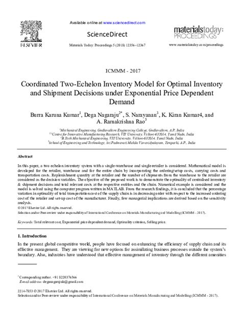 Pdf Coordinated Two Echelon Inventory Model For Optimal Inventory And Shipment Decisions Under