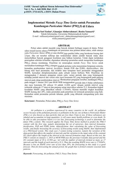 Implementasi Metode Fuzzy Time Series Untuk Peramalan Kandungan Particulate Matter Pm25 Di Udara