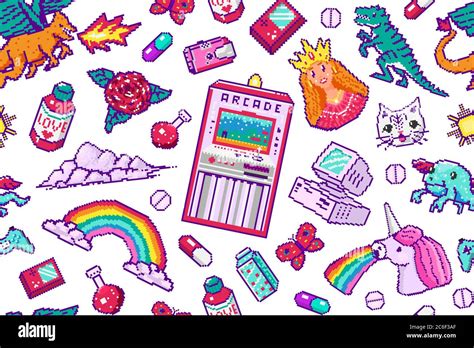 Pixel Art Bit Objects Seamless Pattern Retro Digital Game Assets