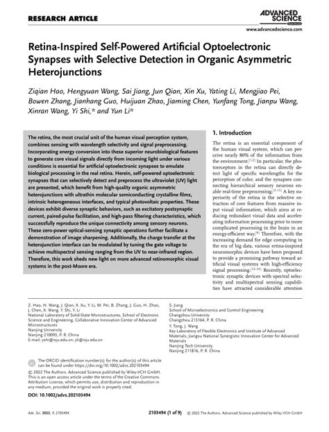 Pdf Retina‐inspired Self‐powered Artificial Optoelectronic Synapses