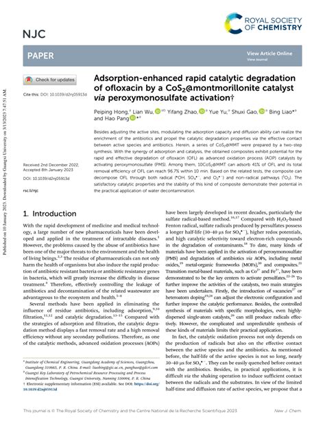Pdf Adsorption Enhanced Rapid Catalytic Degradation Of Ofloxacin By Cos2montmorillonite