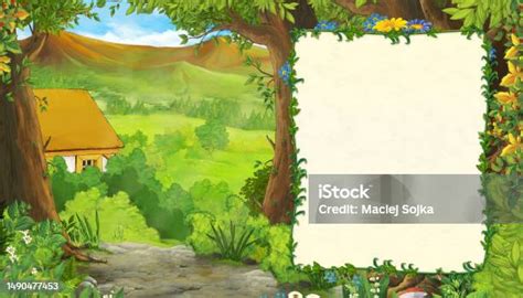 아이들을 위한 텍스트 삽화를 위한 프레임이 있는 숲의 초원이 있는 만화 여름 장면 0명에 대한 스톡 벡터 아트 및 기타 이미지 0명 계절 공란 Istock