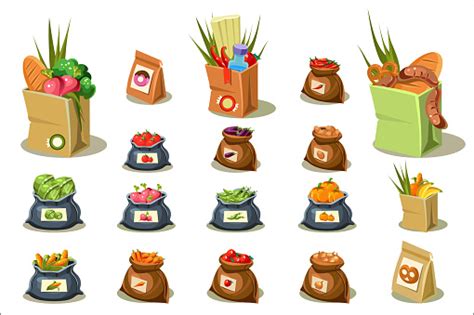 농산물의 플랫 Vectoe 세트입니다 자연 음식입니다 가방 가득 신선한 야채 과일 맛 있는 과자 식료품가 게의 프로 모션 포스터에 대 한 요소 0명에 대한 스톡 벡터 아트