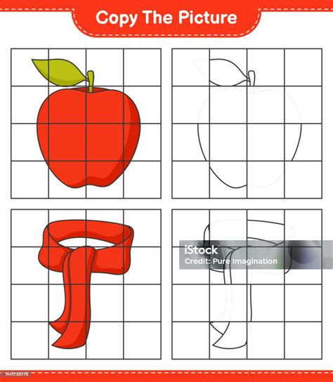 그림을 복사하고 그리드 라인을 사용하여 Apple과 스카프의 사진을 복사하십시오 교육 어린이 게임 인쇄 가능한 워크 시트 벡터