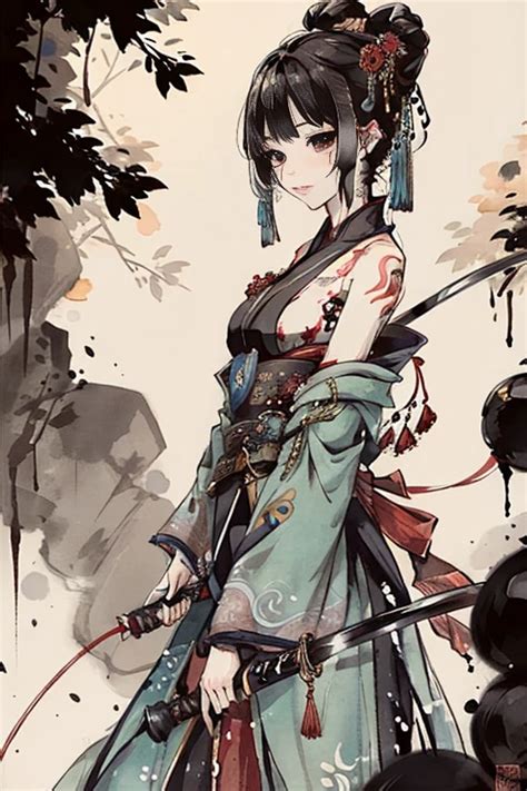 水墨剑客 山水 古风 女孩 水墨风 水彩插画参考 Ai作品 花瓣网