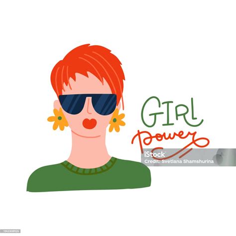 짧은 픽시 헤어 스타일과 선글라스와 젊은 예쁜 여자의 초상화 소녀 전원 개념 흰색에 격리 된 벡터 플랫 핸드 그린 그림 현대 소녀의 예술 개인 장식품에 대한 스톡 벡터 아트