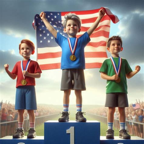 A Boy Stands On A Podium With A Flag And Two Other Boys Holding Medals