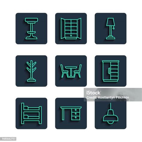 세트 라인 이층 침대 사무실 책상 램프 걸이 플로어 램프 의자가 있는 테이블 코트 스탠드 의자 및 옷장 아이콘 벡터 0명에 대한 스톡 벡터 아트 및 기타 이미지 Istock