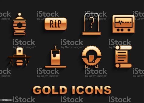 세트 불타는 촛불 비트 죽은 모니터 법령 양피지 스크롤 기념 화환 관과 무덤 묘비 장례식과 연설 거품 찢어 죽음 아이콘 벡터 0명에 대한 스톡 벡터 아트 및 기타 이미지