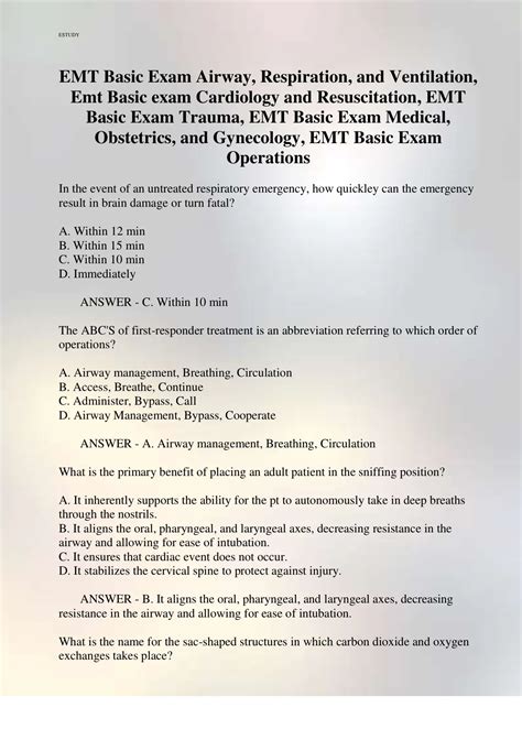 Emt Basic Exam Airway Respiration And Ventilation Emt Basic Exam Cardiology And Resuscitation
