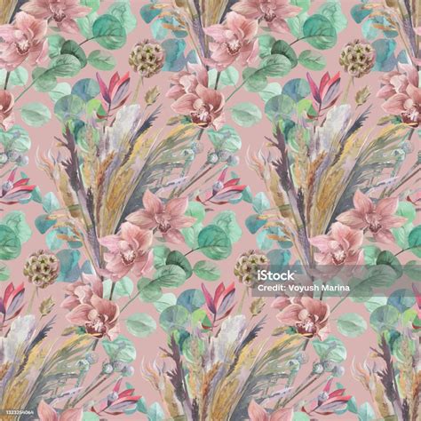 분홍색 배경에 보헤미안 스타일의 오키드 플라워가 있는 말린 꽃 허브리움이 있는 수채화 원활한 패턴 0명에 대한 스톡 벡터 아트 및 기타 이미지 Istock