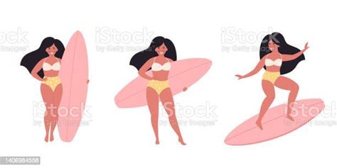 서핑 보드를 가진 여성 여름 활동 수상 스포츠 서핑 안녕하세요 여름 여름 방학 손으로 그린 벡터 일러스트 레이 션 건강관리와 의술에 대한 스톡 벡터 아트 및 기타 이미지