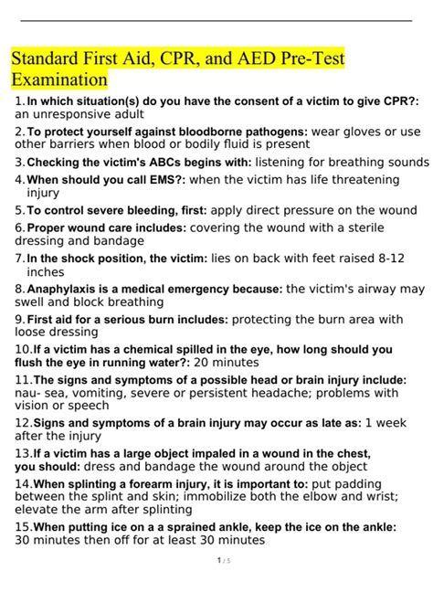 Standard First Aid Cpr And Aed Pre Test Examination Questions And Answers Graded A
