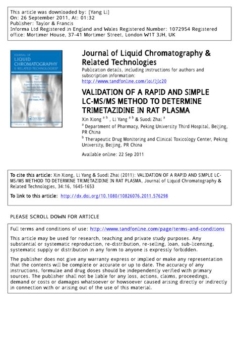Pdf Validation Of A Rapid And Simple Lc Ms Ms Method To Determine Trimetazidine In Rat Plasma