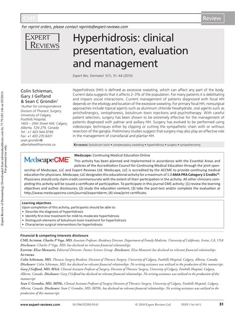 Pdf Hyperhidrosis Clinical Presentation Evaluation And Management