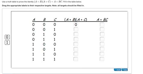Solved Use A Truth Table To Prove The Identity A B A C A BC Answer
