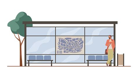 경로 정보를 보여주는 보드가 있는 보호된 버스 정류장 또는 대중 교통 정류장 벡터 고립된 남자 인물 승객 차량 앞 벽을 기다리고 있습니다 도시 인프라 및 통근 거리에 대한