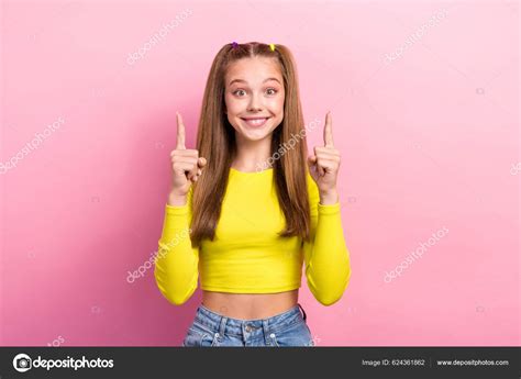 Photo Cheerful Cute Girlfriend Two Arm Direct Empty Space Offer Stock