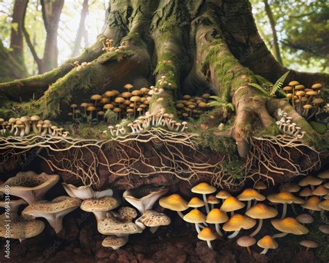 Fungi And Trees Root Network Underground Cross Section View Stock