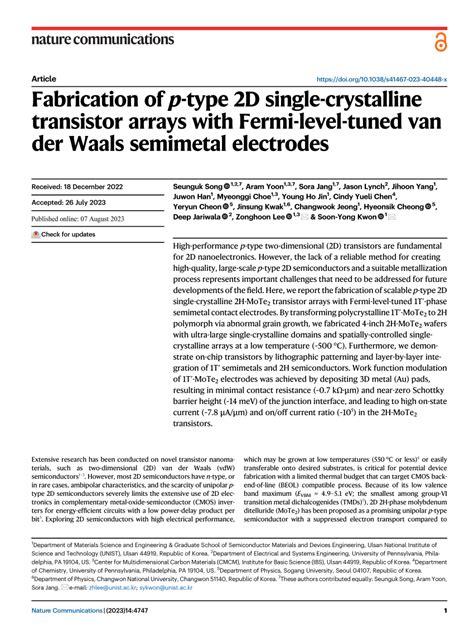 Pdf Fabrication Of P Type 2d Single Crystalline Transistor Arrays