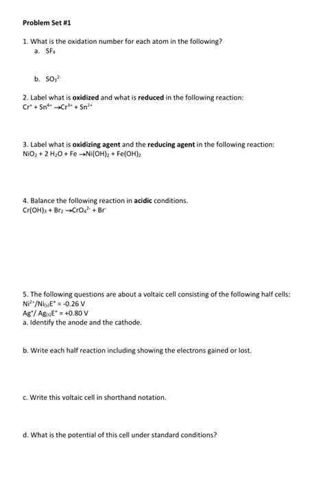 Solved Problem Set What Is The Oxidation Number For Chegg Com