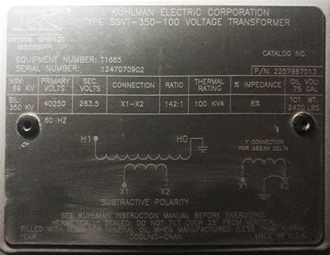 40 Kv 69000 Nsv 40250 V Pri 2835 V Sec Kuhlman Ssvt 350 100