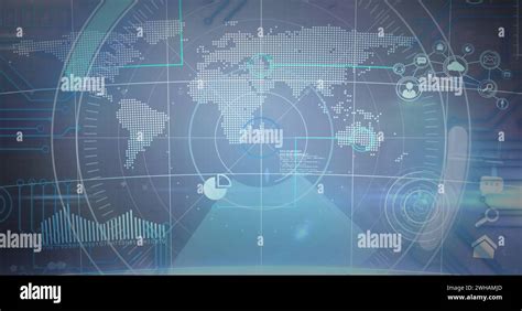 round scanner over digital icons and world map on blue background stock