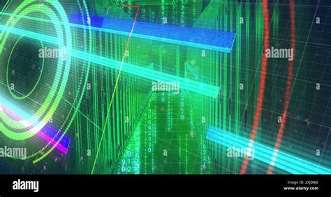 image of flashing coloured light beams and circular scanner over green