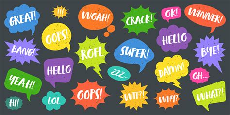 필기 텍스트와 다채로운 그런지 만화 연설 거품 손으로 그린 복고풍 만화 스티커 채팅 메시지 상자 벡터 일러스트레이션 전쟁 포로에 대한 스톡 벡터 아트 및 기타 이미지