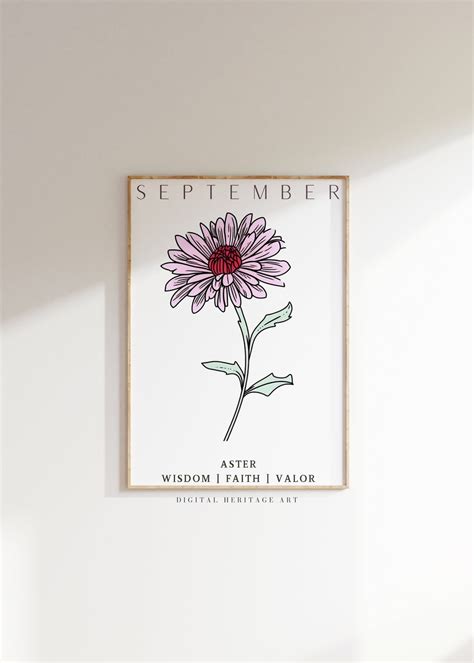 September Aster Birth Flower Line Art Print Digital Download Etsy