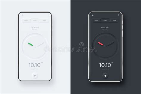 neumorphic ui kit on smartphone screen clock on black and white