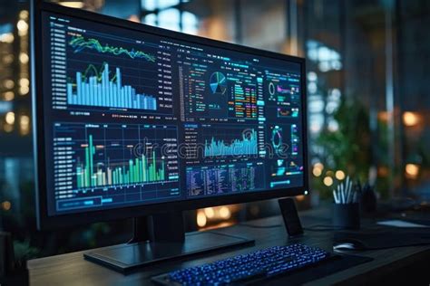 Data Analytics Dashboard Displaying Visualizations In Modern Office Environment During Evening