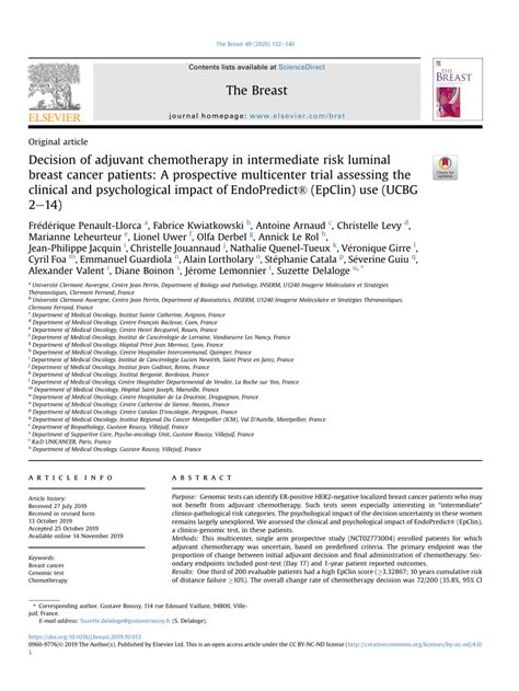 Pdf Decision Of Adjuvant Chemotherapy In Intermediate Risk Luminal Breast Cancer Patients A