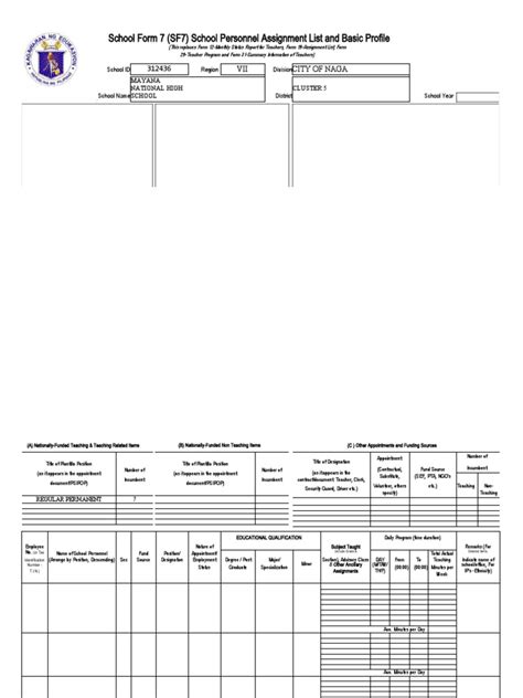 School Form 7 Sf7 School Personnel Assignment List And Basic Profile