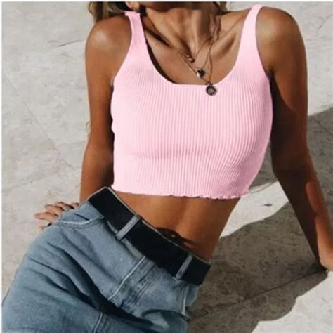 Dropship Spring Solid Color Low Cut U Neck Sleeveless Sling Exposed