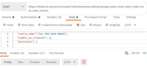 Erpnext Rest API For Sales Invoice Creation From Sales Order Using