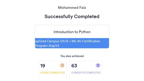 completed python course at upgrad campus mohammed faiz posted on the