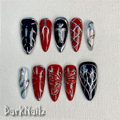 Custom Red Black Press On Nails Gothic Punk Rock Cross Nails Goth Y2k
