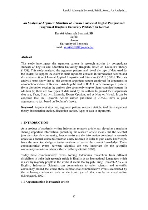 Pdf An Analysis Of Argument Structure Of Research Article Of English Postgraduate Program Of