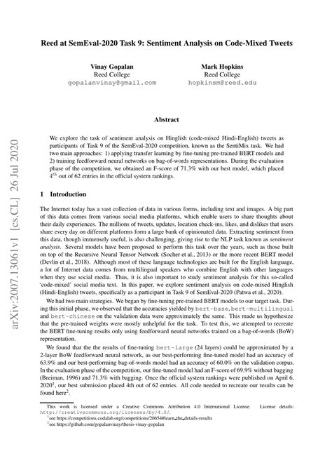 Pdf Reed At Semeval 2020 Task 9 Sentiment Analysis On Code Mixed Tweets