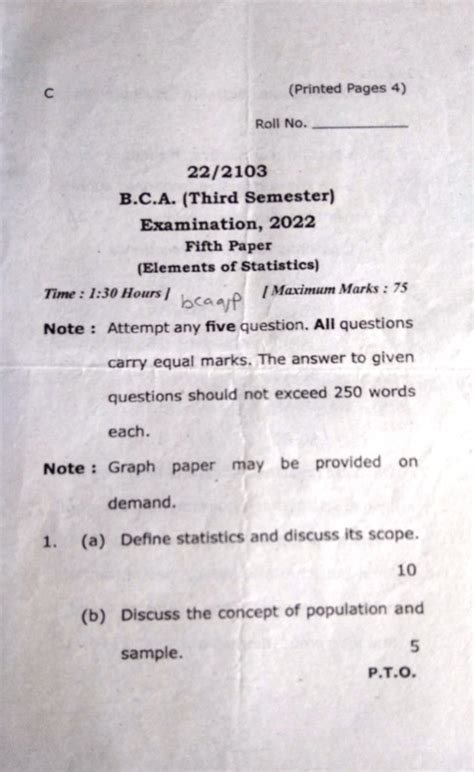 Mgkvp Bca Iii Sem Fifth Paper Elements Of Statistics Question Papers