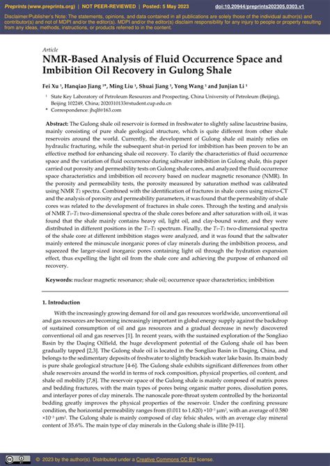 Pdf Nmr Based Analysis Of Fluid Occurrence Space And Imbibition Oil Recovery In Gulong Shale