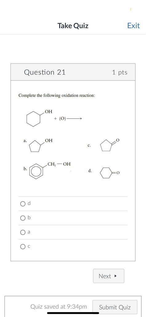 Solved Complete The Following Oxidation Reaction Take Quiz Exit Question Course Hero
