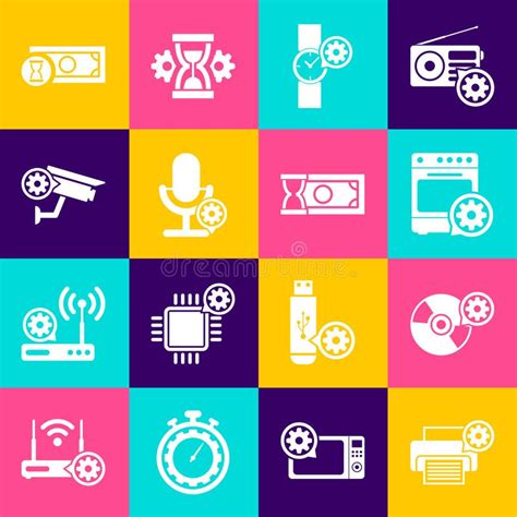 Set Printer Setting Cd Or Dvd Disk Oven Wrist Watch Microphone And Security Camera Icon