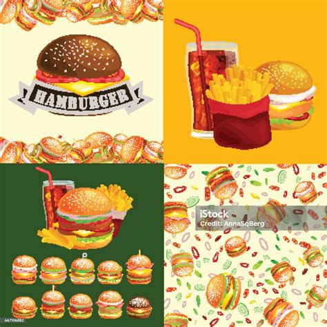 햄버거 구이 쇠고기와 신선한 야채 스낵에 대 한 소스 롤빵 미국 햄버거 패스트 푸드 바베 큐 고기 식사 빵 토마토 치즈 햄버거 Vecor 그림 배경와 옷 개념에 대한 스톡