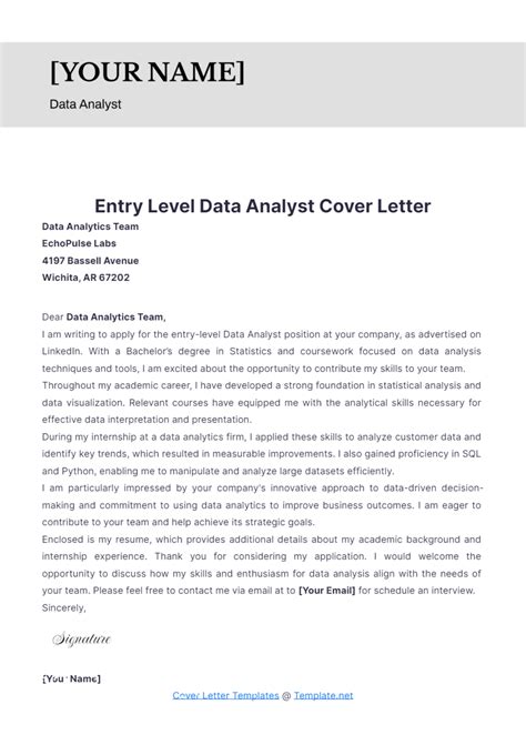 Free Entry Level Data Analyst Cover Letter Template To Edit Online