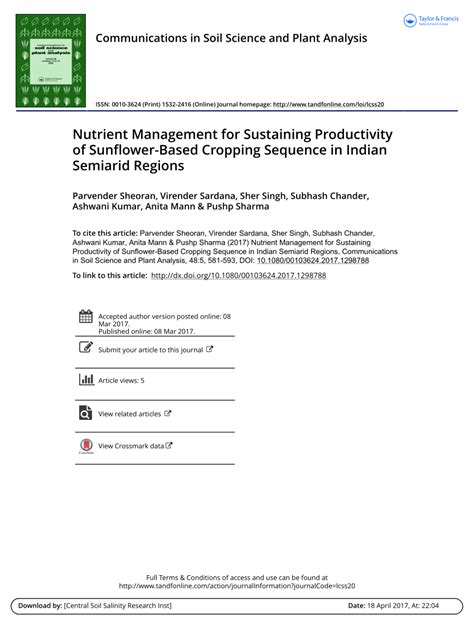 Pdf Nutrient Management For Sustaining Productivity Of Sunflower Based Cropping Sequence In