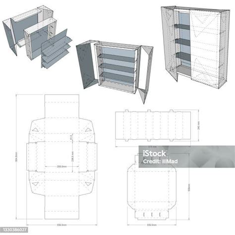 골판지 상자 캐비닛 과 다이 컷 패턴 Eps 파일은 전체 스케일이며 완벽하게 작동합니다 실제 골판지 생산을 위해 준비되었습니다 0명에 대한 스톡 벡터 아트 및 기타 이미지
