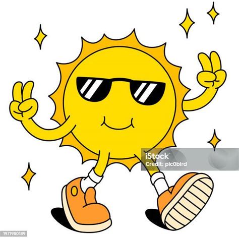 부츠를 걷는 그루비 스타일의 태양의 벡터 일러스트 레이 션과 평화 기호를 보여줍니다 태양 하늘에 대한 스톡 벡터 아트 및 기타