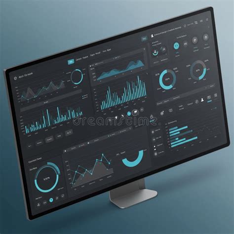 A Computer Monitor Displaying A Dark Themed Data Analytics Dashboard The Interface Stock